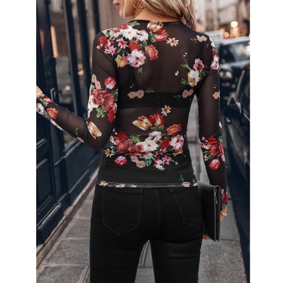 Rouge! | Tops | Black Floral Print Mesh Sheer Top Long Sleeve | Poshmark